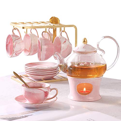 21 Pcs Tea Set of 6 for Girls, Handcraft Pink Porcelain Tea Party Set ...