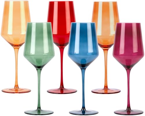Colored Wine Glasses Set of 6 | Long Stem HAND-BLOWN Crystal Glass in ...