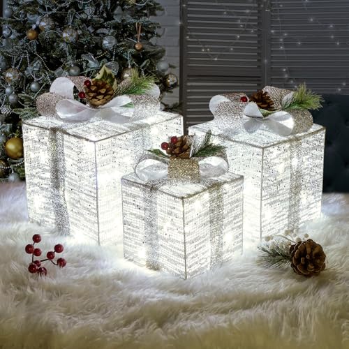 PIXFAIRY Set of 3 Christmas Light-up Boxes, pre-Lighted 60 LED Light-up ...