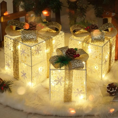 Set of 3 Christmas Lighted Gift Boxes, 60 LED Light Up Snowflake ...